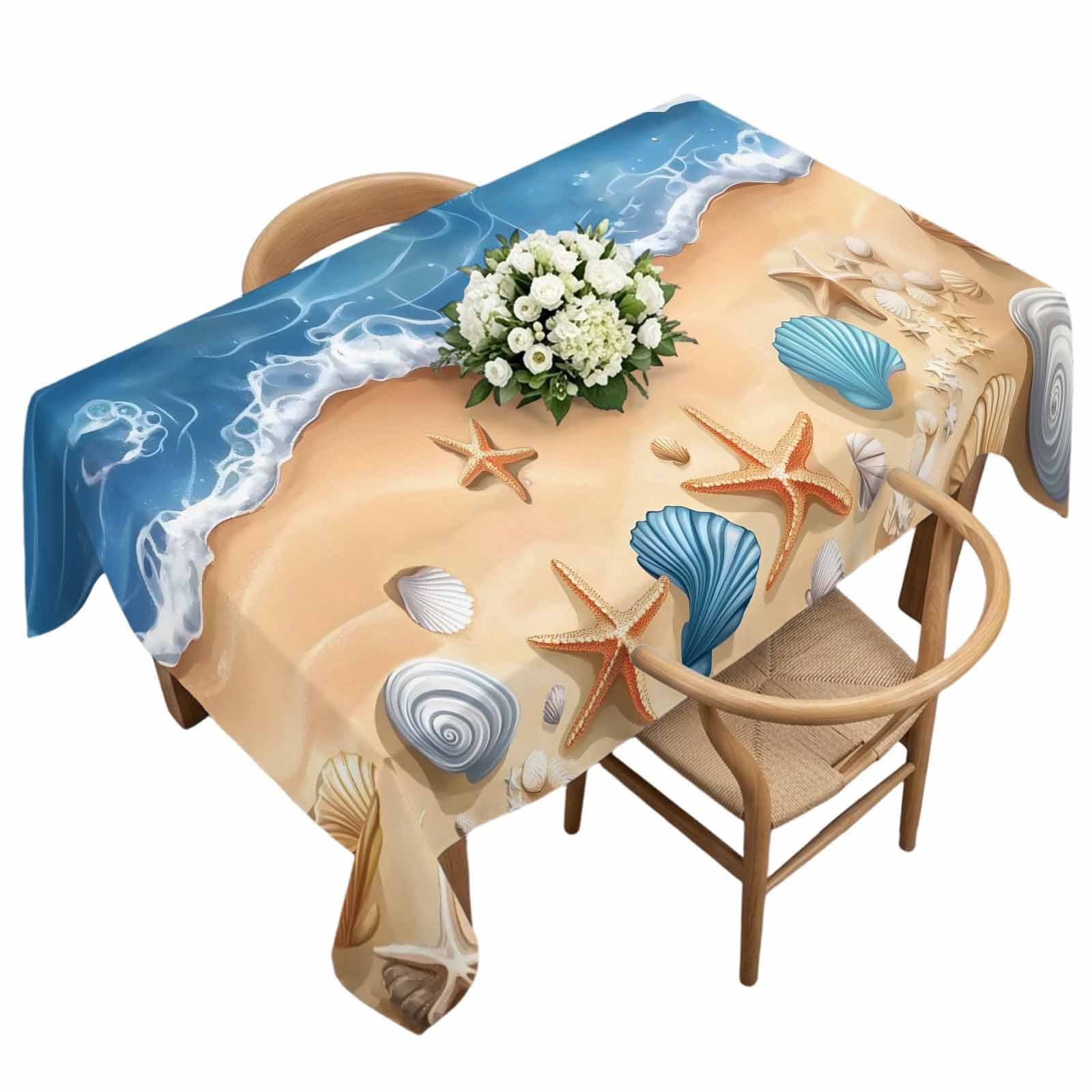 Abstract Blue Rectangle Tablecloth Beach Starfish Seashell Sand Ocean ...