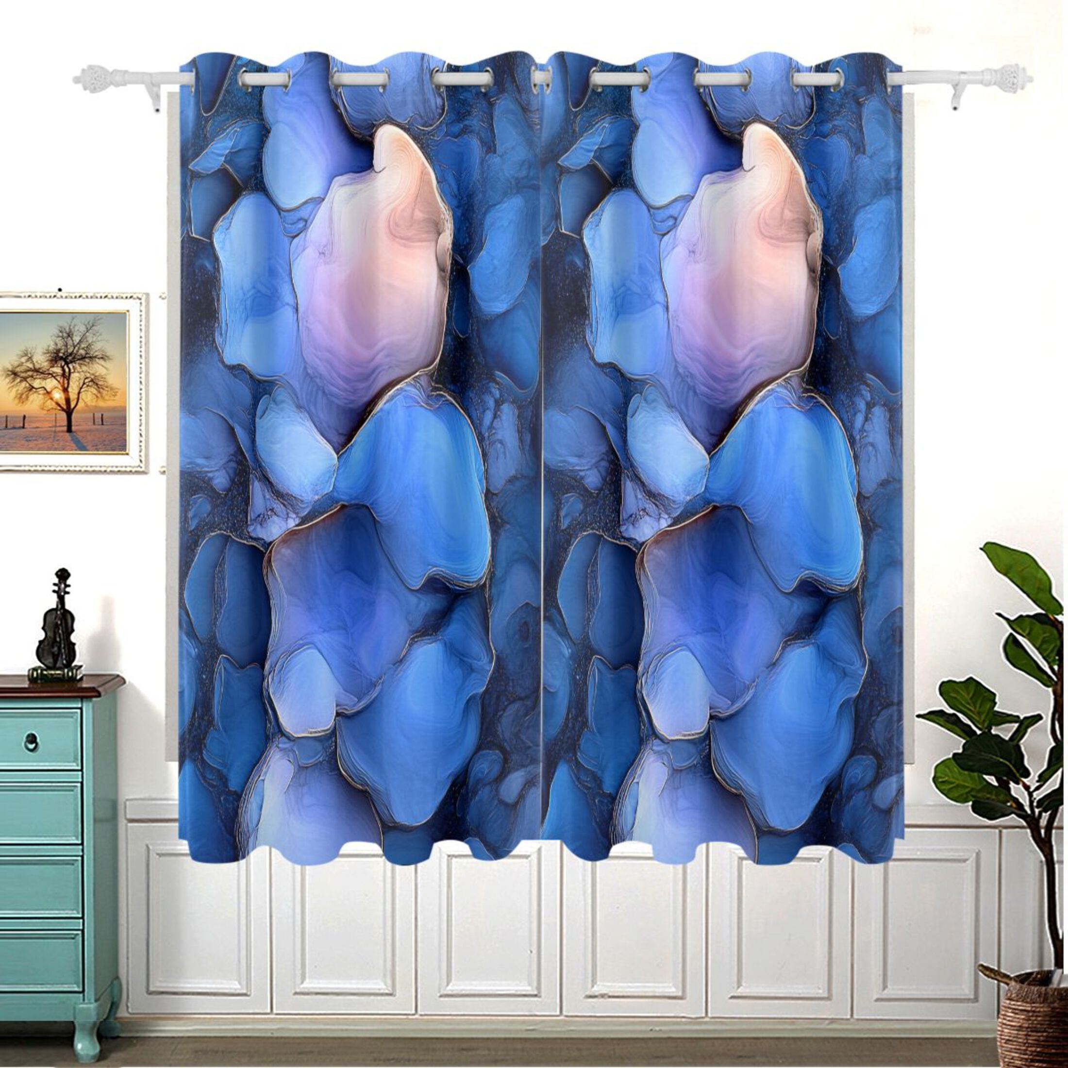 Abstract Blue Rock Art Blackout Curtains for Living Room Bedroom 55W x ...