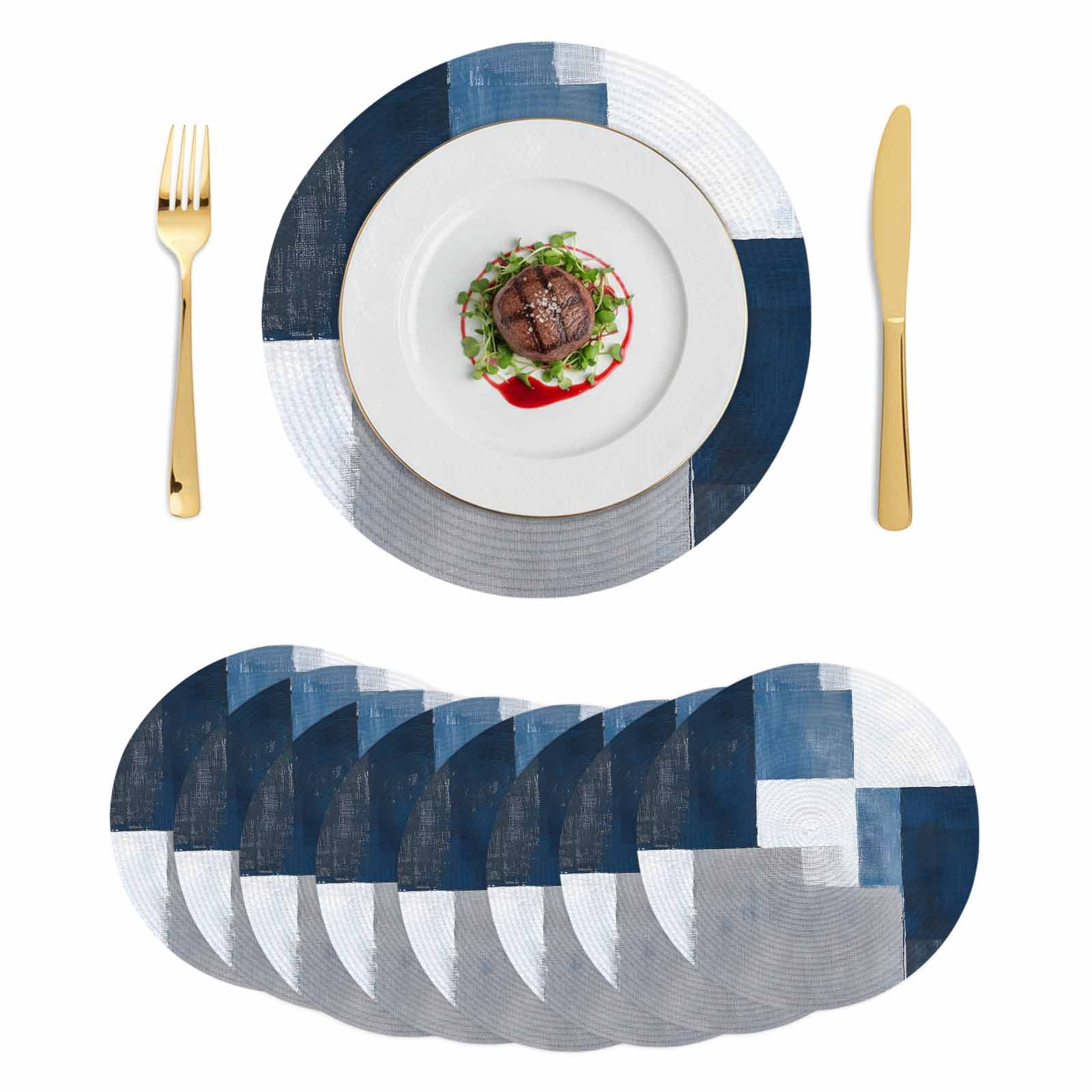 Abstract Blue Round 15 Inch Placemats Set of 8, Vintage Grey White ...
