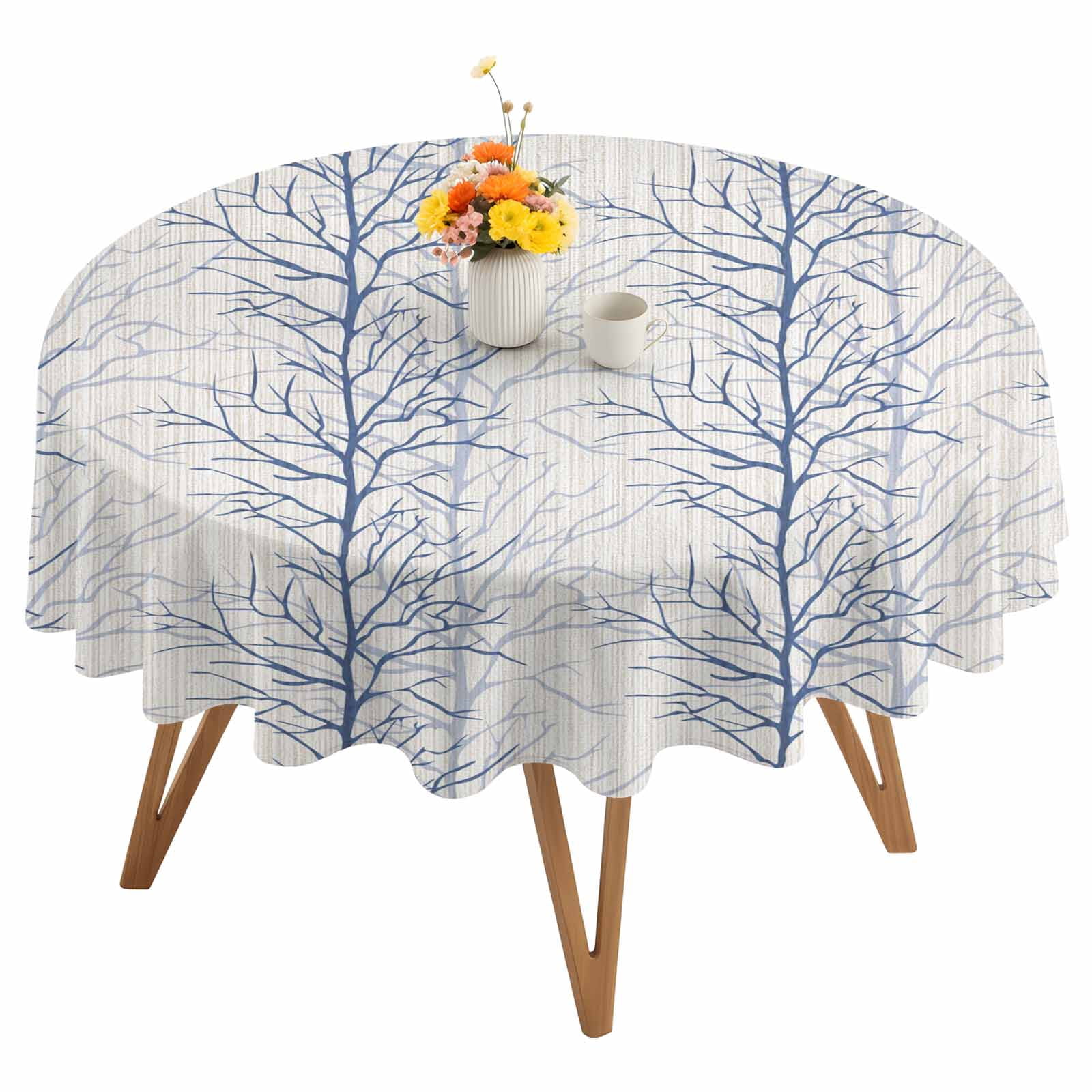 Abstract Blue Round Tablecloth 54 inches Tree Branch Pattern Waterproof ...