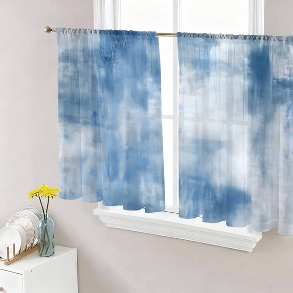 Abstract Blue Semi Sheer Curtains 45 Inch Length 2 Panels Set, Modern ...