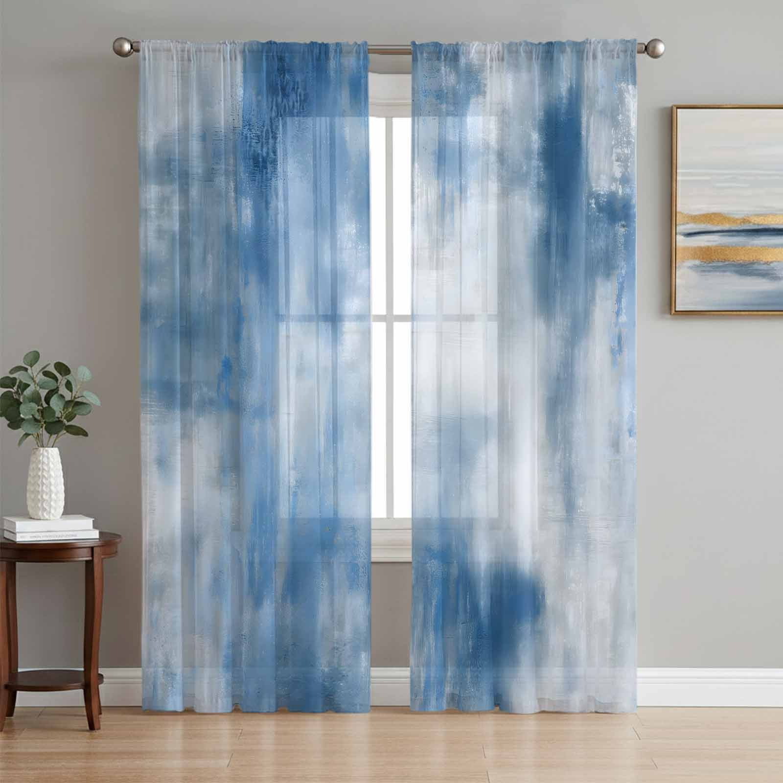 Abstract Blue Semi Sheer Curtains 96 Inch Length 2 Panels Set, Modern ...