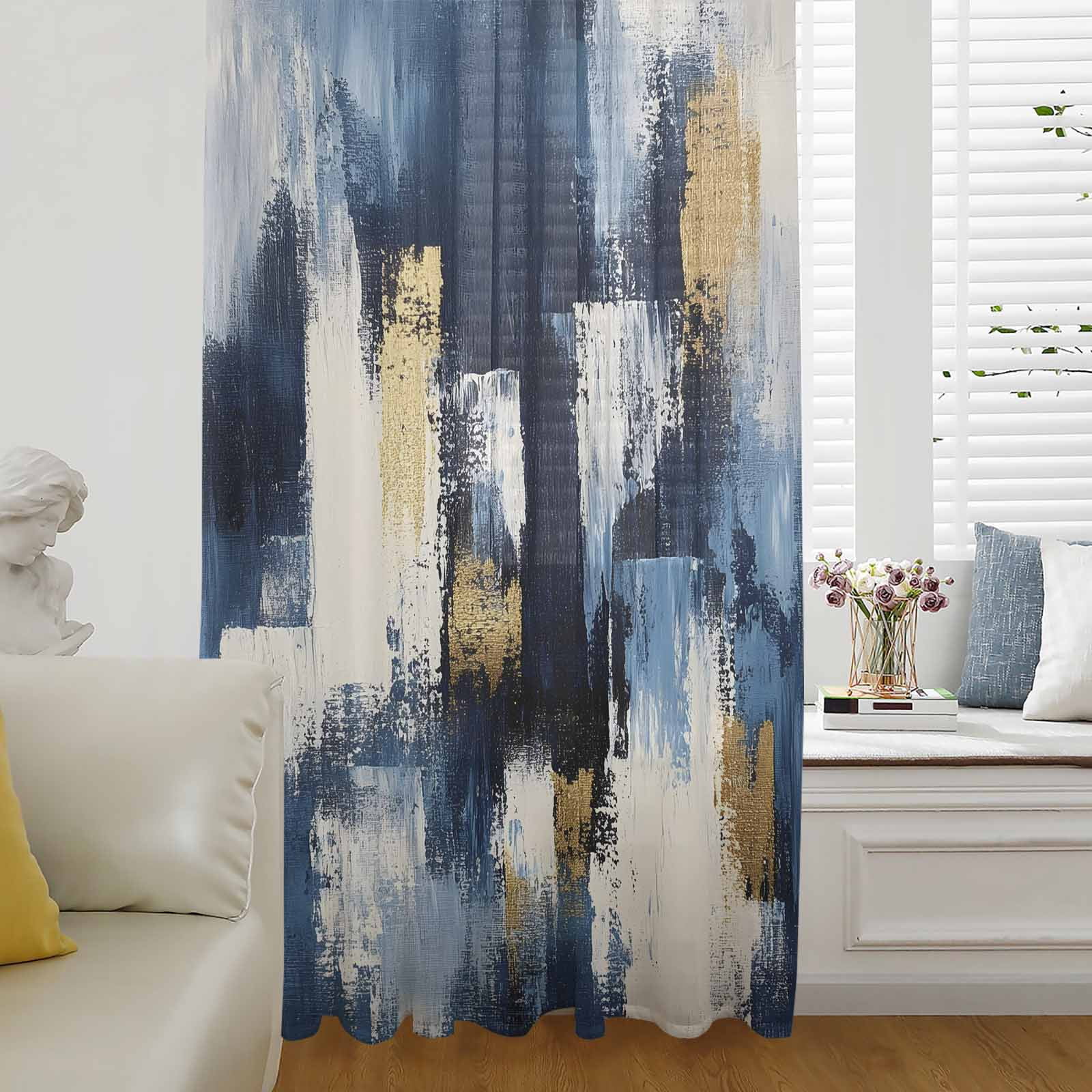 Abstract Blue Semi Sheer Curtains Drapes for Living Room, Bedroom ...