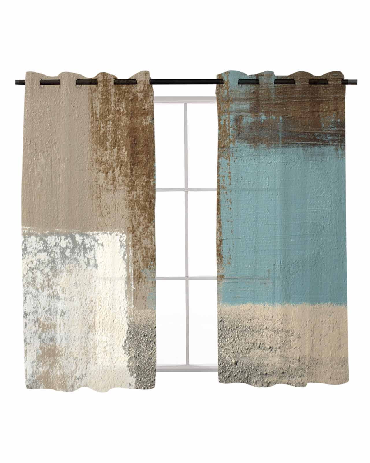 Abstract Blue Sheer Curtains 45 Inch Length 2 Panels Brown Vintage Oil ...