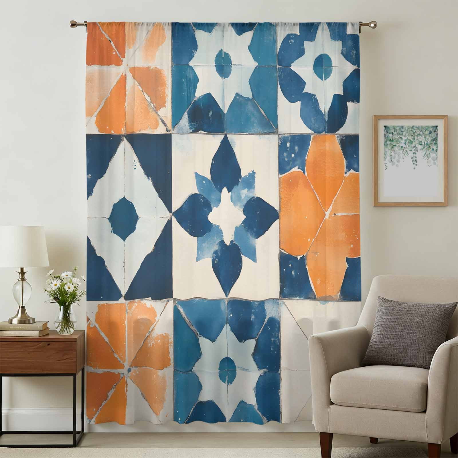 Abstract Blue Sheer Curtains 45 Inches Long, Orange Color Block Retro ...
