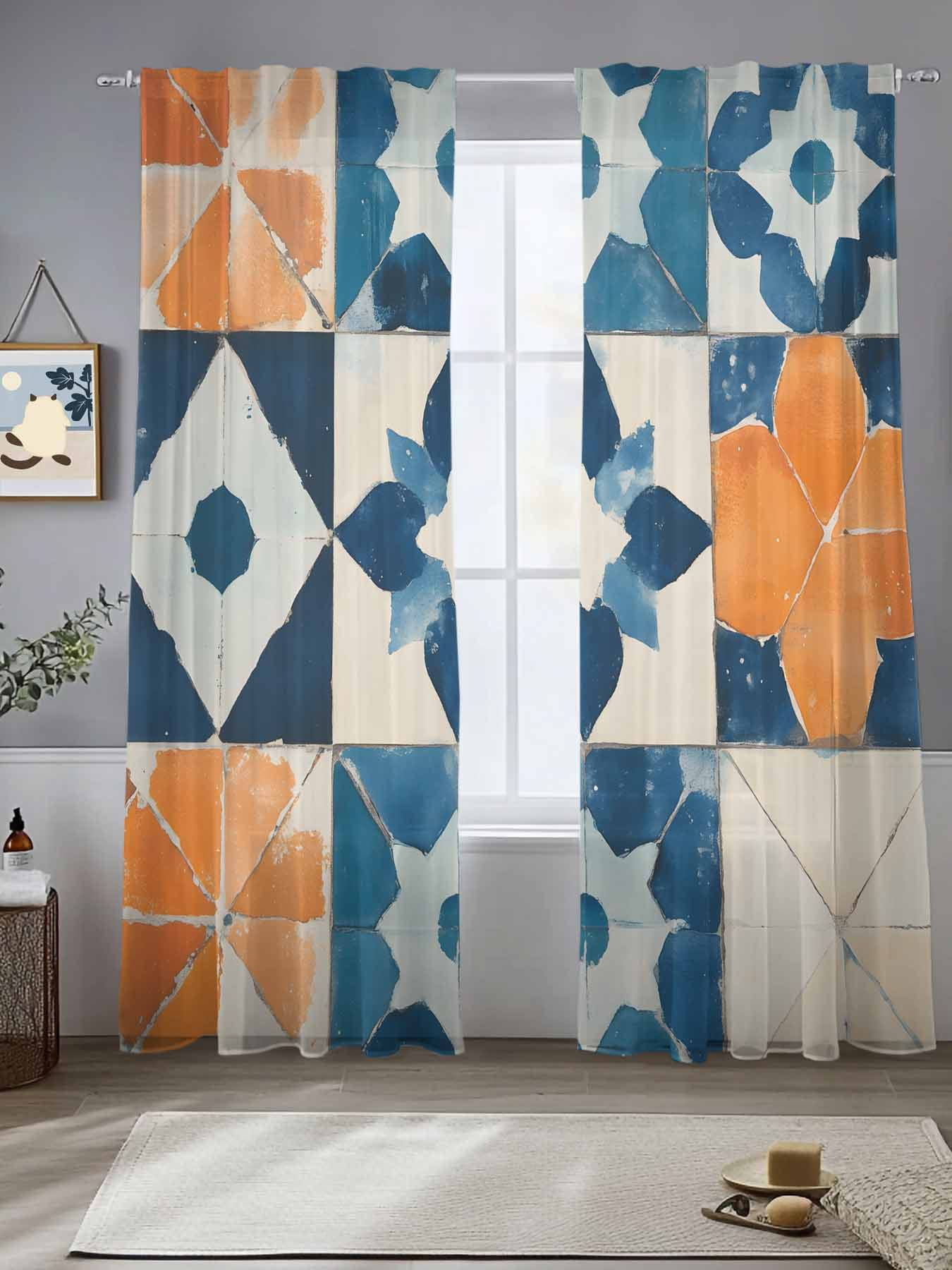 Abstract Blue Sheer Curtains for Living Room Bedroom Orange Color Block ...