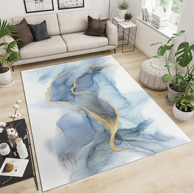 Abstract Blue Smoke Area Rug, Simple Gold-Plated Lines Indoor Kids Rugs ...