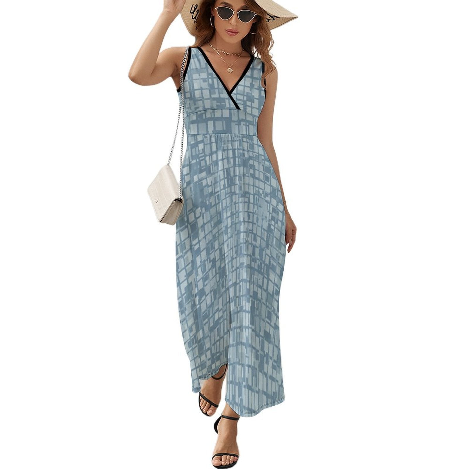 Abstract Blue Square Grid Pattern Dress Fashion Boho Beach Long Dresses ...