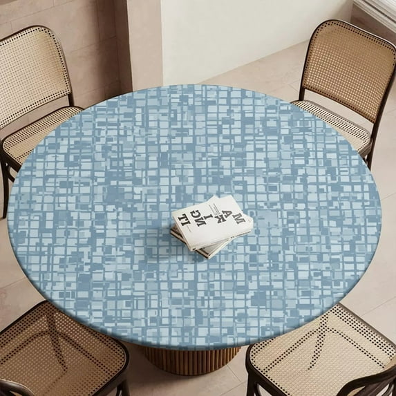 Abstract Blue Square Grid Pattern Round Table Cover Kitchen Printed ...