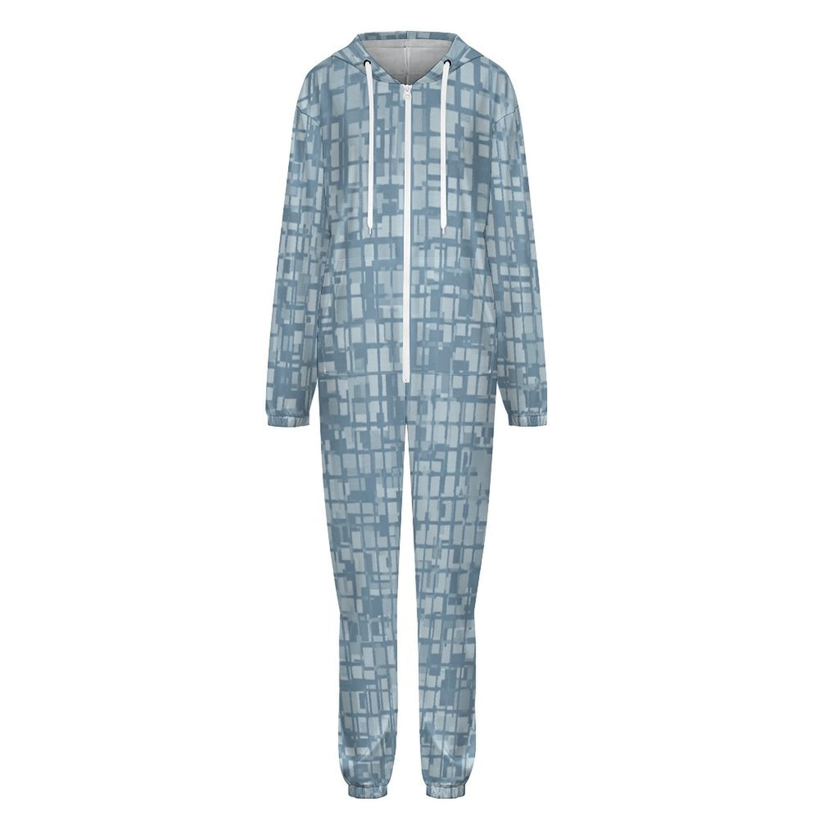 Abstract Blue Square Grid Pattern Unisex Adult Onesie Pajamas with ...