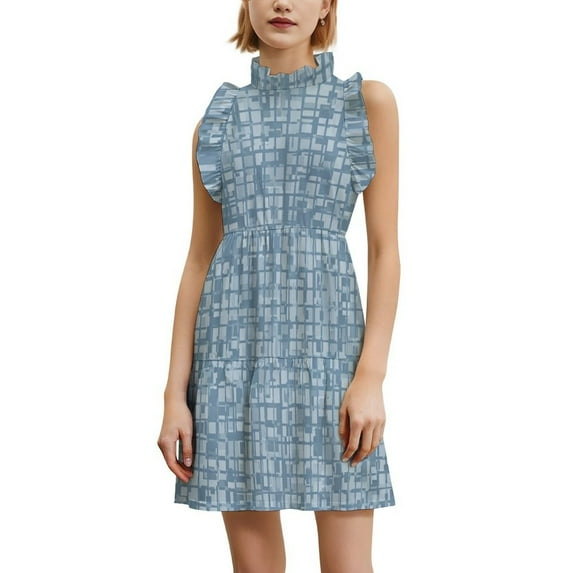 Abstract Blue Square Grid Pattern Women's Fashion Casual Dress Summer ...