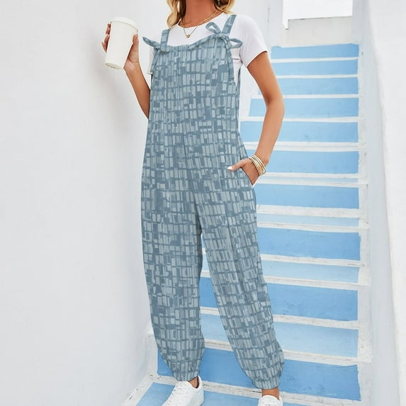 Abstract Blue Square Grid Pattern Womens Casual Baggy with Pockets ...