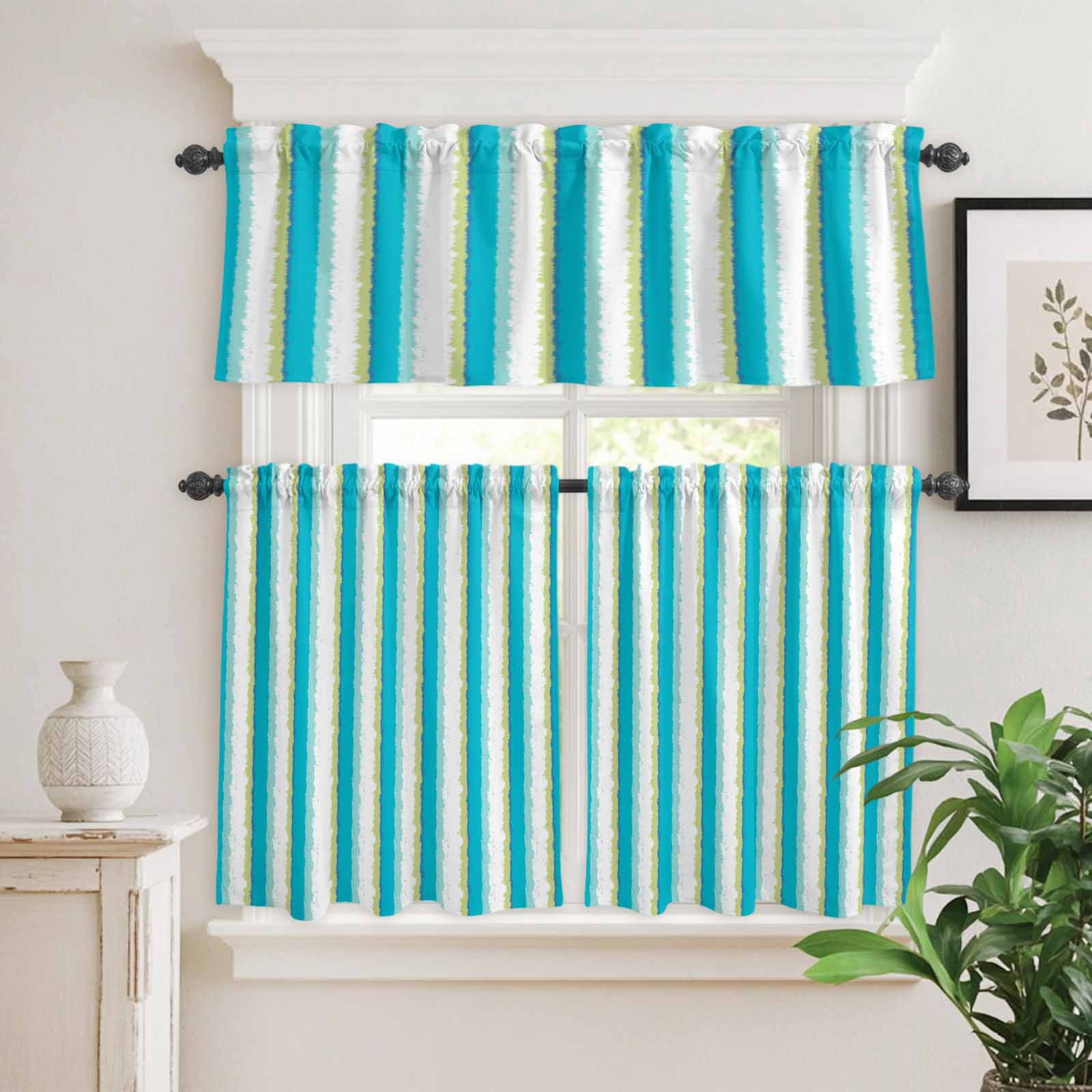 Abstract Blue Stripe Gradient Curtain Tier and Valance Set 3 Piece ...
