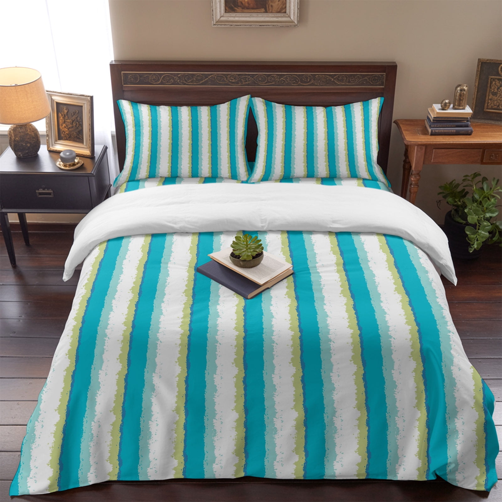 Abstract Blue Stripe Gradient Queen Size Bed Set,Modern Watercolor Art ...