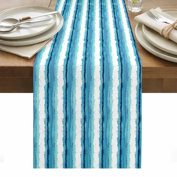 Abstract Blue Stripes Cotton Linen Table Runner Minimalist Blue White ...