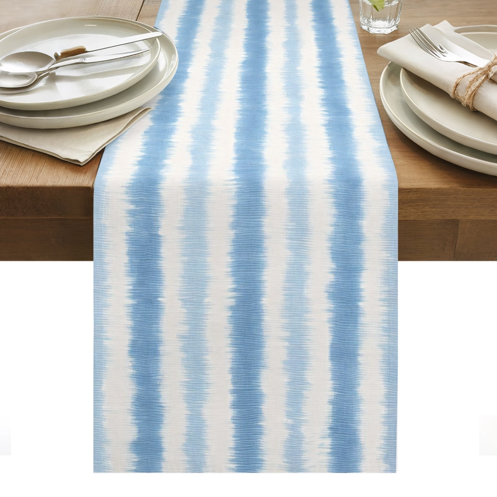 Abstract Blue Stripes Cotton Linen Table Runner Rustic Watercolor Denim ...