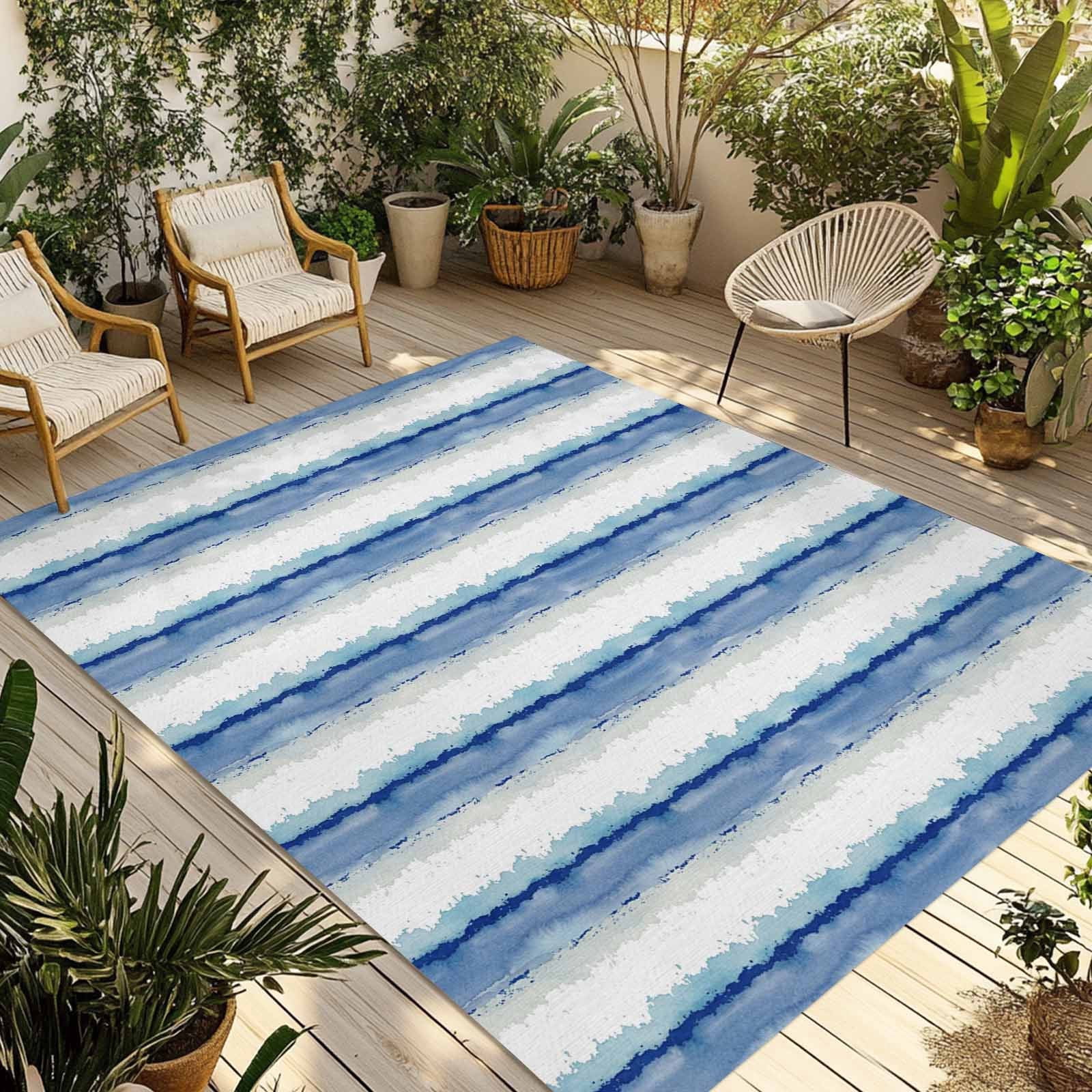 Abstract Blue Stripes Outdoor Rug, Minimalist Faded Denim Striped ...