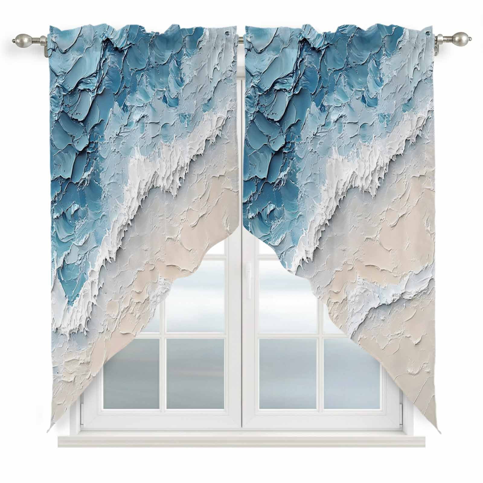 Abstract Blue Swag Curtain Valance for Window 2 Panels Beige Ocean Wave ...