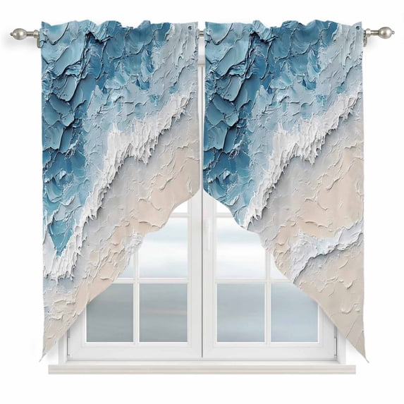 Abstract Blue Swag Curtain Valance for Window 2 Panels Beige Ocean Wave ...