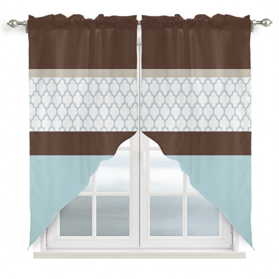 Abstract Blue Swag Curtain Valance for Window 2 Panels Brown Stripes ...