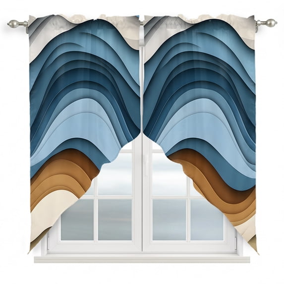 Abstract Blue Swag Curtain Valance for Window 2 Panels Brown Wave ...