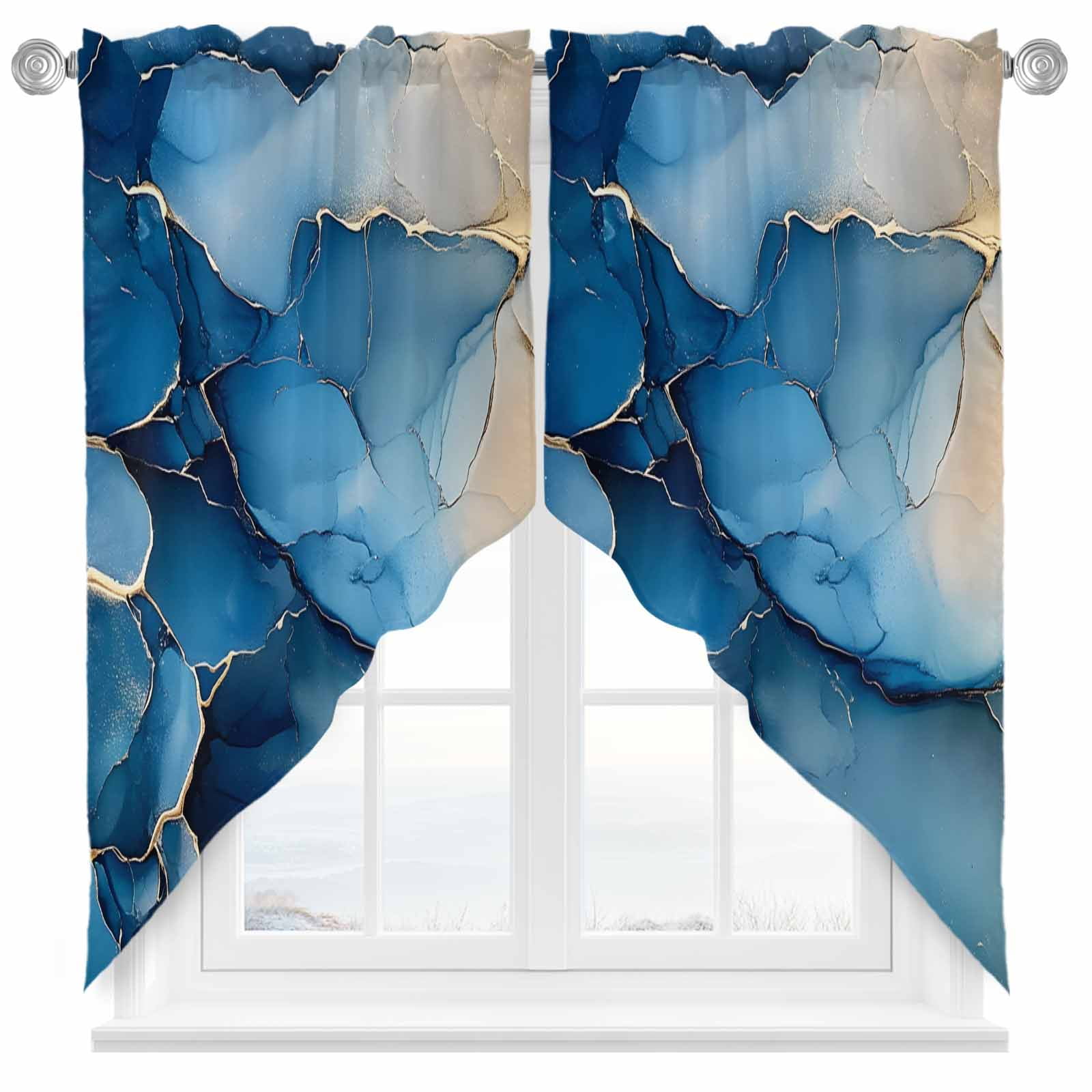 Abstract Blue Swag Curtain Valance for Windows, Marble Gold Cracks ...