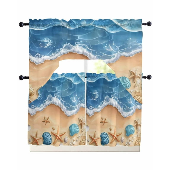 Abstract Blue Swag Valance and Tier Curtains Set Beach Starfish ...