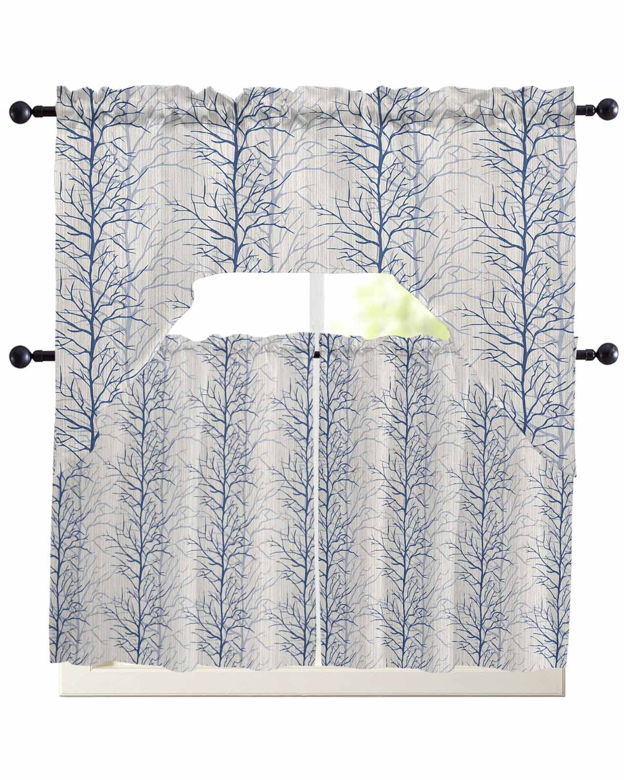 Abstract Blue Swag Valance and Tier Curtains Set Tree Branch Pattern ...