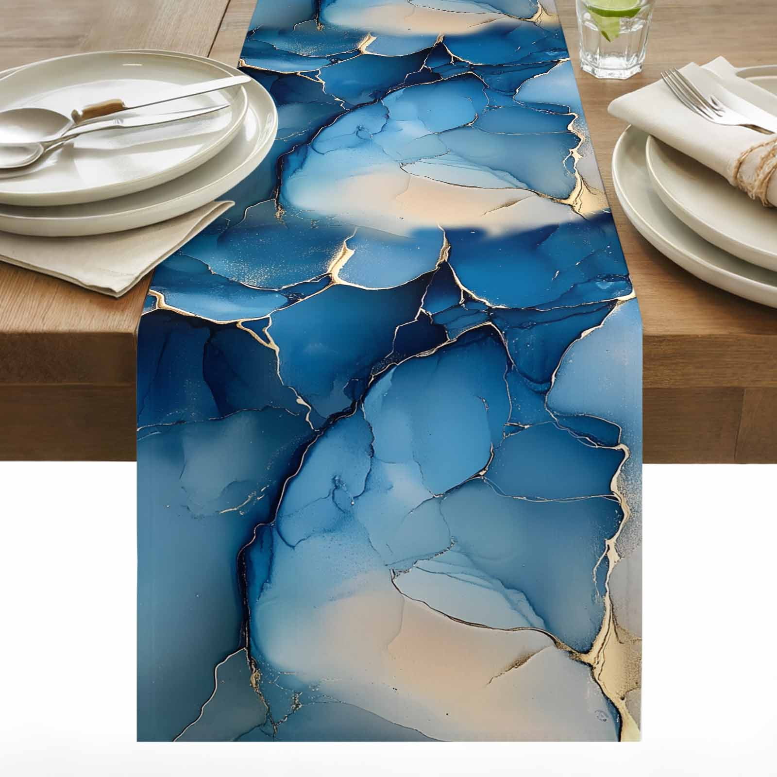 Abstract Blue Table Runner 13x120 inch Marble Gold Cracks Texture Rock ...