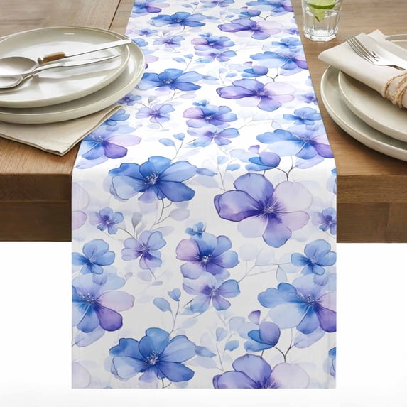 Abstract Blue Table Runner 13x120 inch Purple Flowers Watercolor Ombre ...