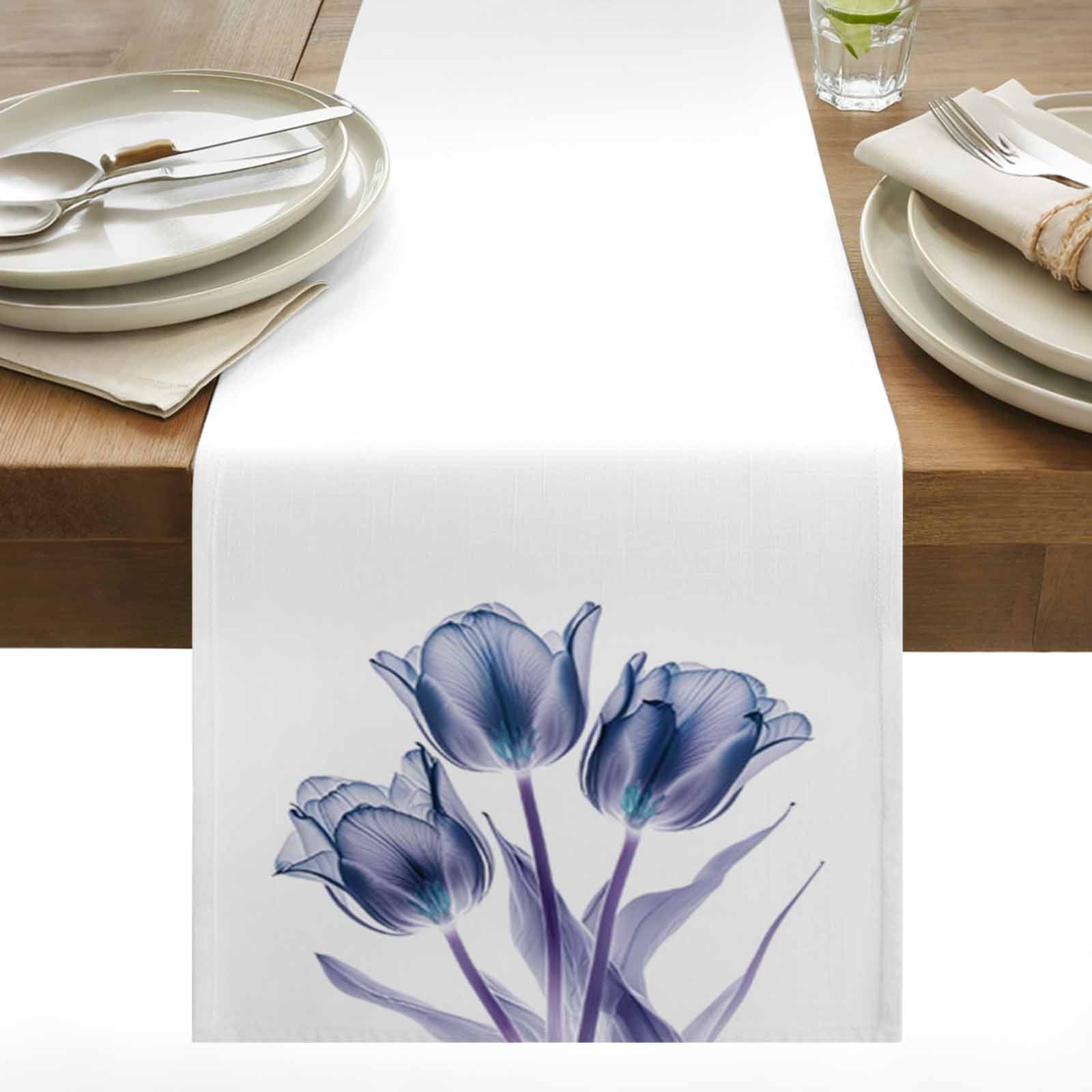 Abstract Blue Table Runner 13x120 inch Tulip Ray White Texture Cotton ...