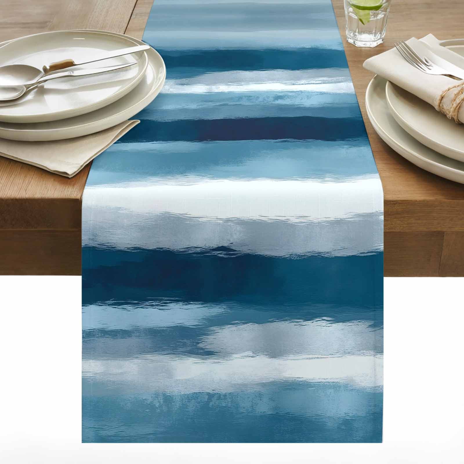Abstract Blue Table Runner 13x48 inch Watercolor Ripple Cotton Linen ...