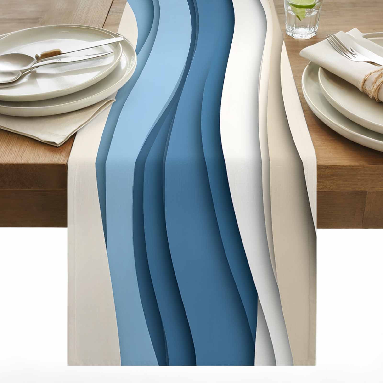 Abstract Blue Table Runner 13x60 inch Brown Water Ripple Ombre Wave ...