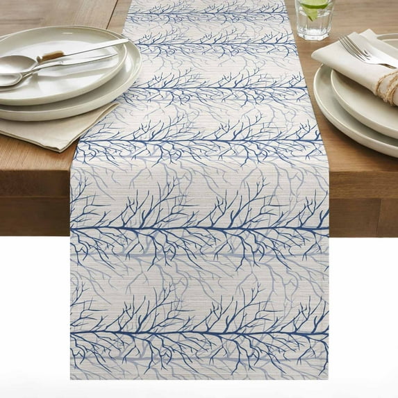 Abstract Blue Table Runner 13x60 inch Tree Branch Pattern Cotton Linen ...