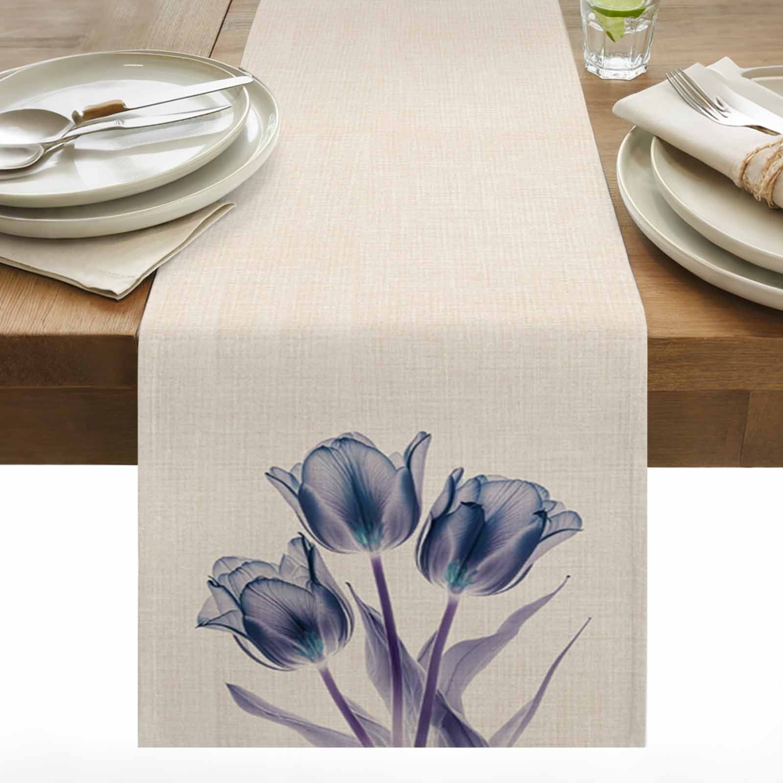 Abstract Blue Table Runner 13x60 inch Tulip Ray Beige Texture Cotton ...