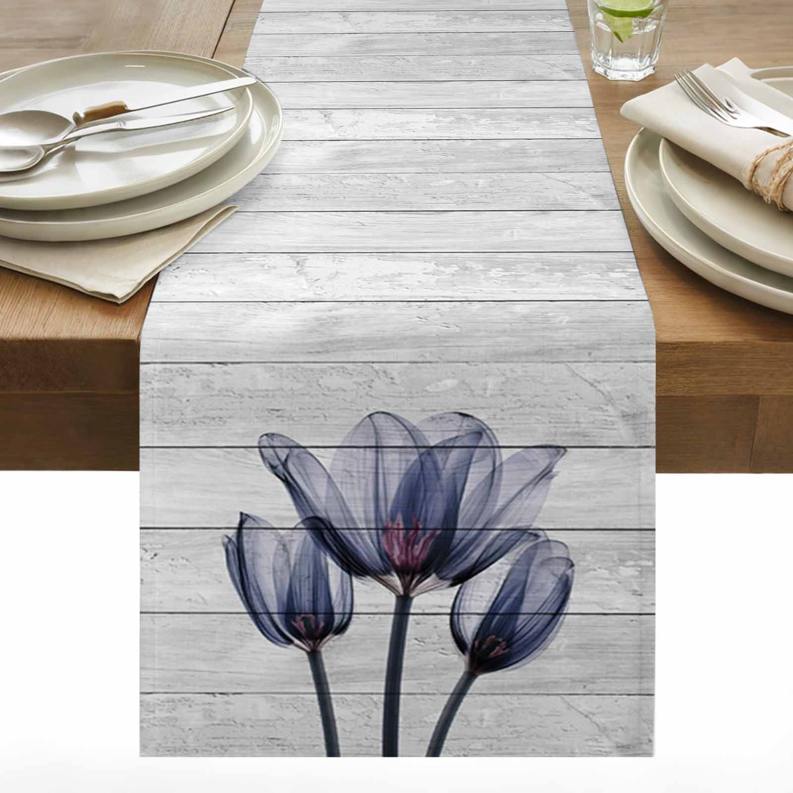 Abstract Blue Table Runner 13x60 inch Tulip Ray Wood Grain Cotton Linen ...