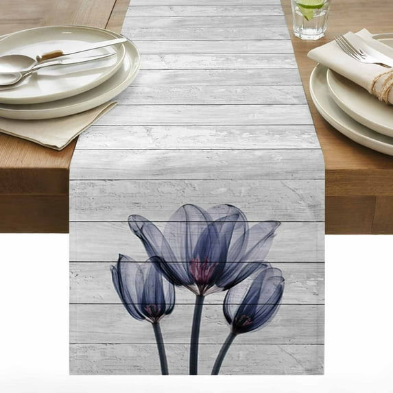 Abstract Blue Table Runner 13x60 inch Tulip Ray Wood Grain Cotton Linen ...