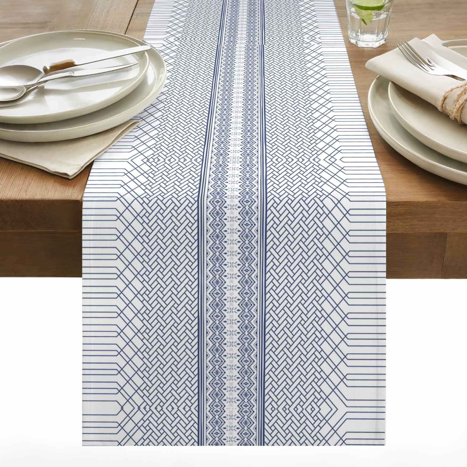 Abstract Blue Table Runner 13x72 inch Lines Geometric Cotton Linen ...