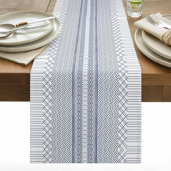 Abstract Blue Table Runner 13x72 inch Lines Geometric Cotton Linen ...