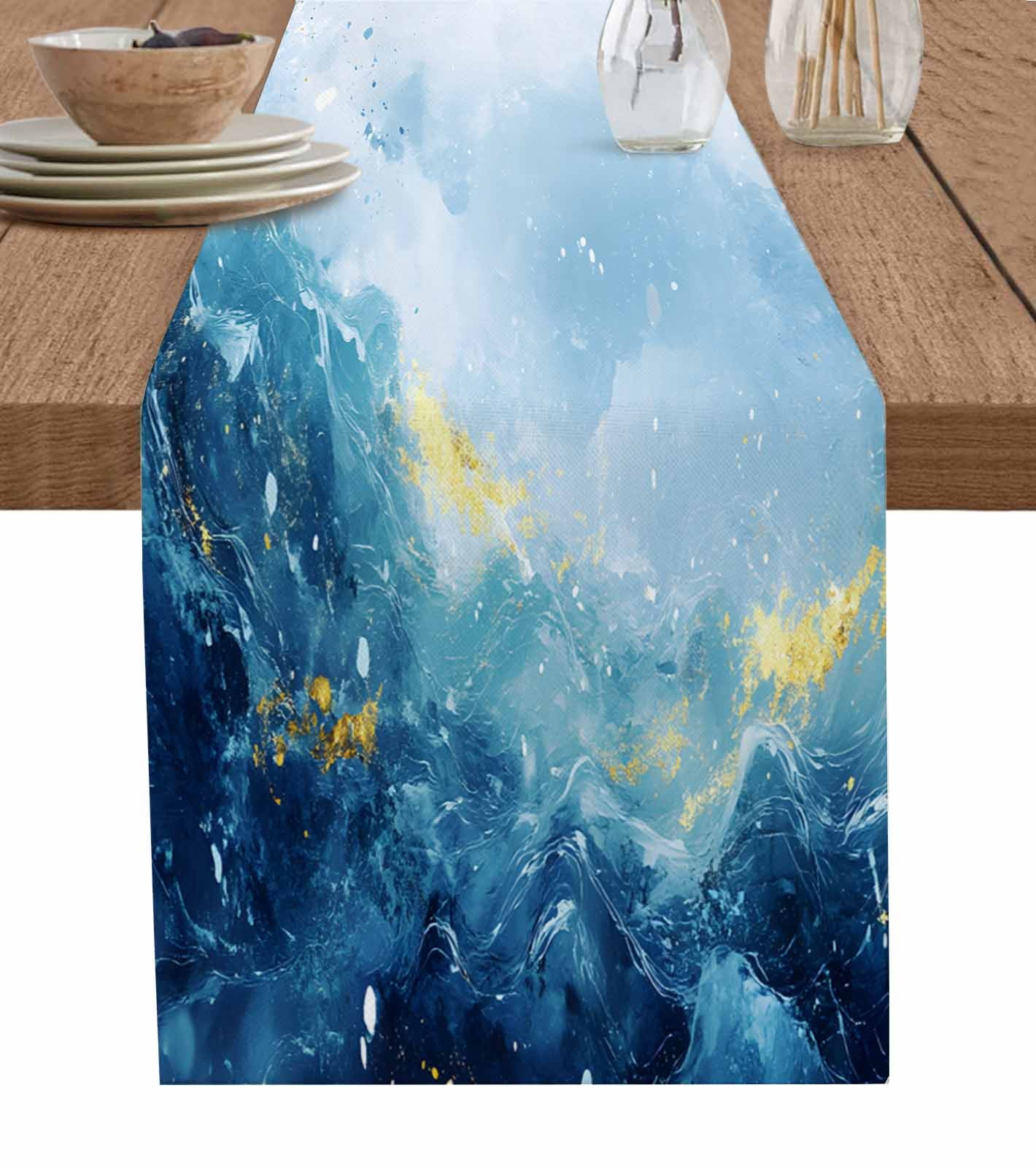 Abstract Blue Table Runner-Cotton Linen- 120 Inch Holiday Dresser ...