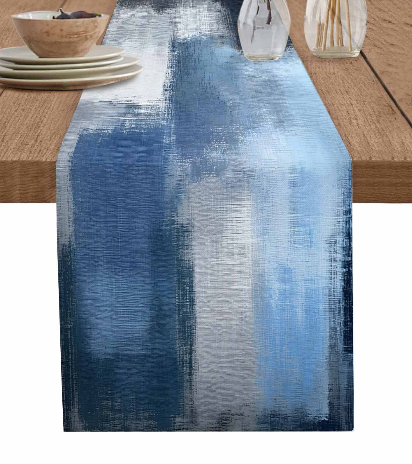 Abstract Blue Table Runner Gradient Neutral Brush Strokes Artwork ...