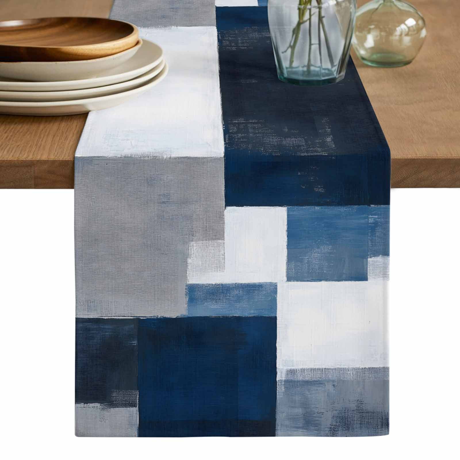 Abstract Blue Table Runner, Vintage Grey White Mottled Paint Art ...