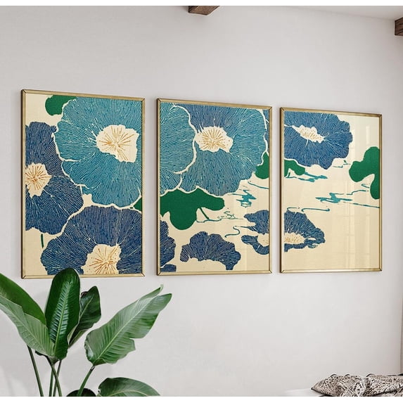 Abstract Blue Teal Floral Japanese Style Botanical Wall Decor Set 3 ...