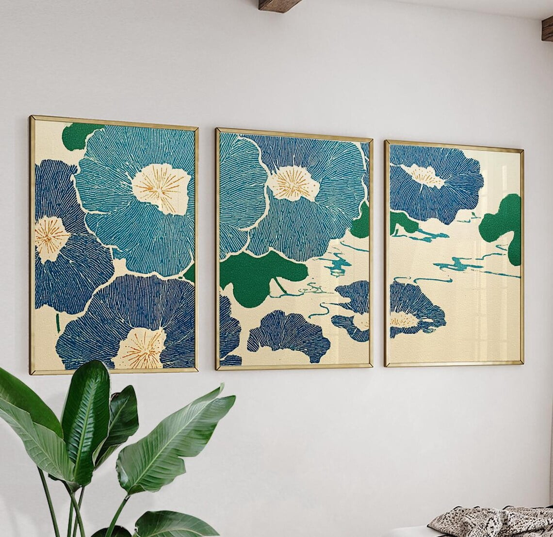 Abstract Blue Teal Floral Japanese Style Botanical Wall Decor Set 3 ...