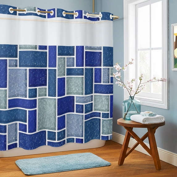 Abstract Blue Teal Grid Tiles No Hook Shower Curtain with See Through ...