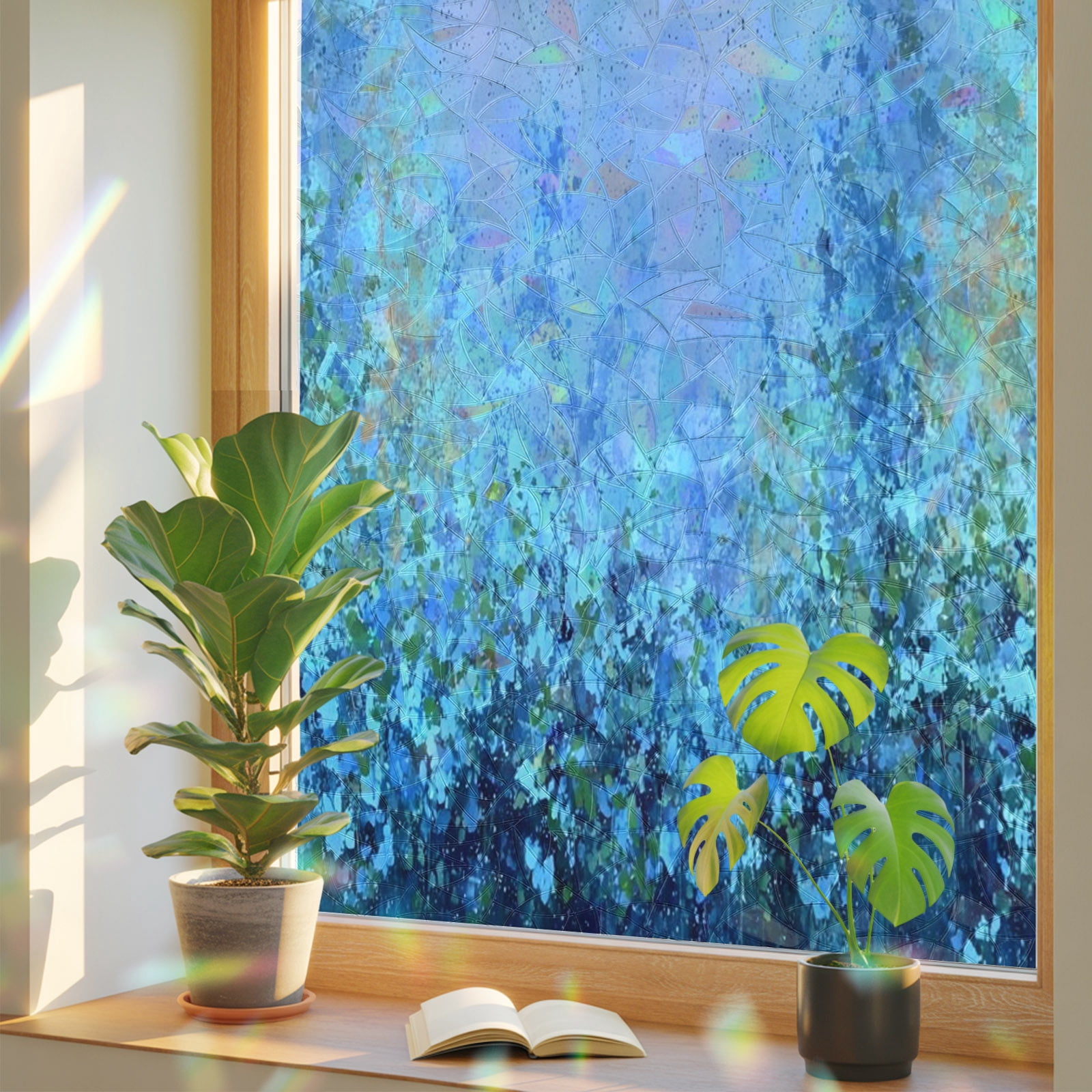 Abstract Blue Teal Window Privacy Film Rainbow Static Cling Stain Glass ...
