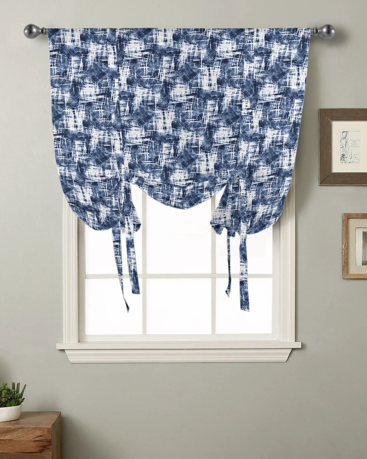 Abstract Blue Texture Kitchen Short Window Curtain Rod Pocket Curtains Home Decor Bedroom Small ...
