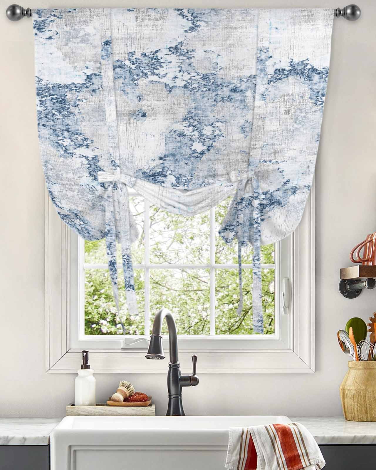 Abstract Blue Texture Marble Window Curtains Tie Up Curtains for ...