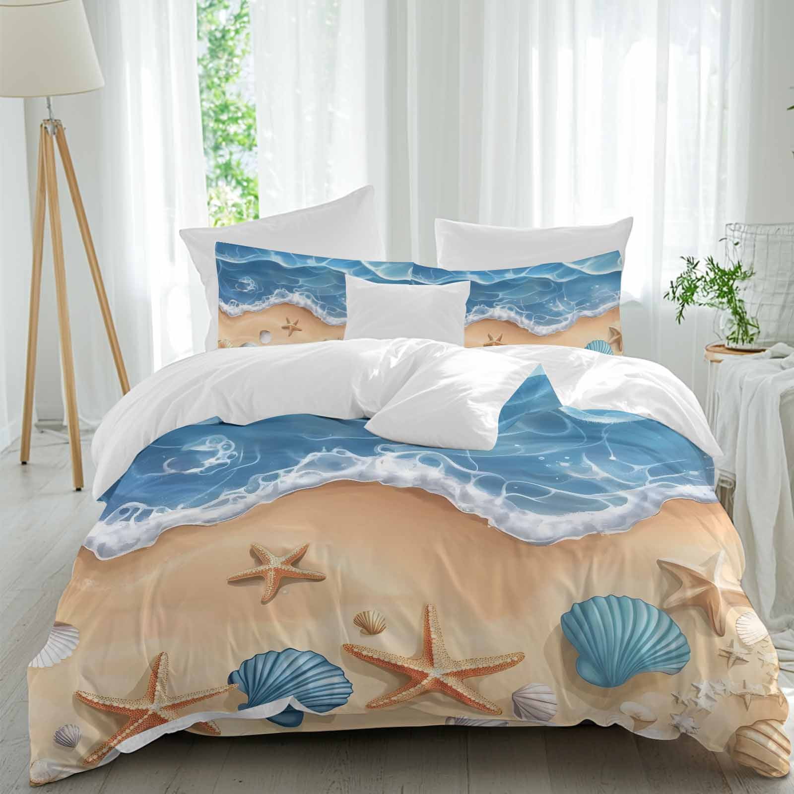 Abstract Blue Twin Duvet Cover Set, Beach Starfish Seashell Sand Ocean ...