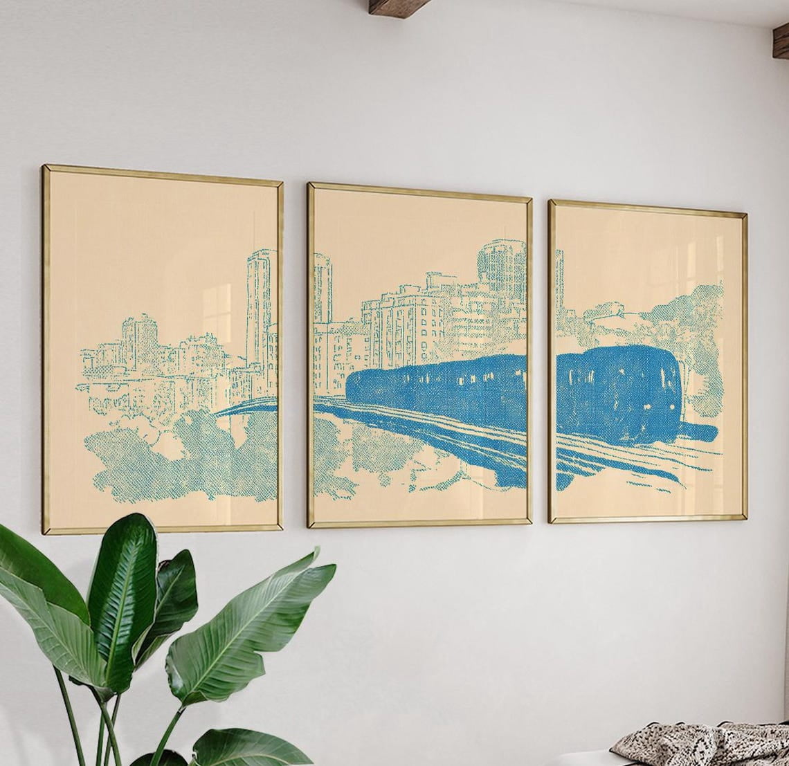 Abstract Blue Urban Train Minimal City Railway Wall Art Set 3 Stretched ...